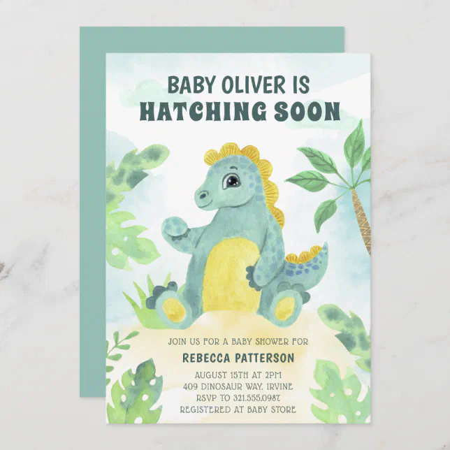 Hatching Soon Cute Boy Dinosaur Baby Shower Invitation | Zazzle