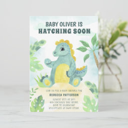 Hatching Soon Cute Boy Dinosaur Baby Shower Invitation | Zazzle
