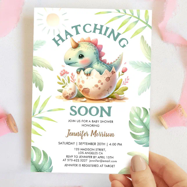 Hatching Soon! Cute Dino Dinosaur Girl Baby Shower Invitation | Zazzle