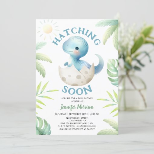 Hatching Soon! Cute Dinosaur Boy Baby Shower Invitation | Zazzle