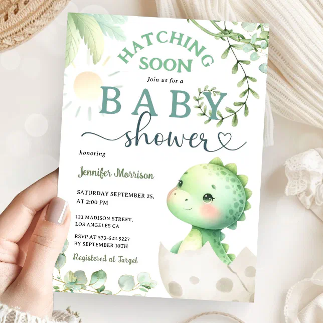 Hatching Soon Dinosaur Baby Shower Green Dino Invitation | Zazzle