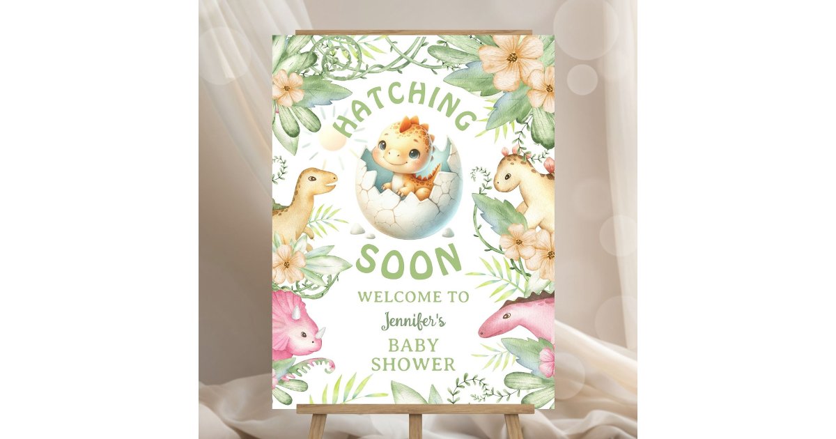 Hatching Soon Dinosaur Baby Shower Welcome Sign | Zazzle