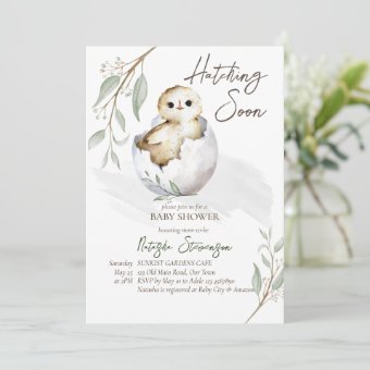 Hatching soon little bird inside egg baby shower invitation | Zazzle