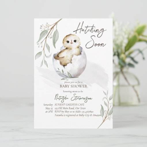 Hatching soon little bird inside egg baby shower invitation | Zazzle