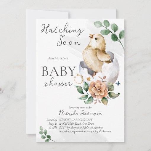 Hatching soon little bird inside egg baby shower invitation | Zazzle
