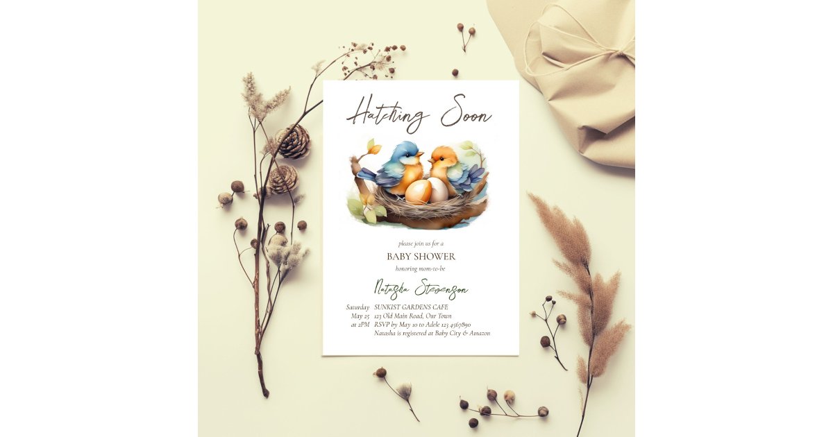 Hatching soon little birds nest spring baby shower invitation | Zazzle