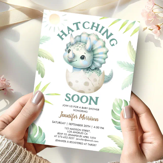 Hatching Soon Triceratops Boy Dinosaur Baby Shower Invitation | Zazzle