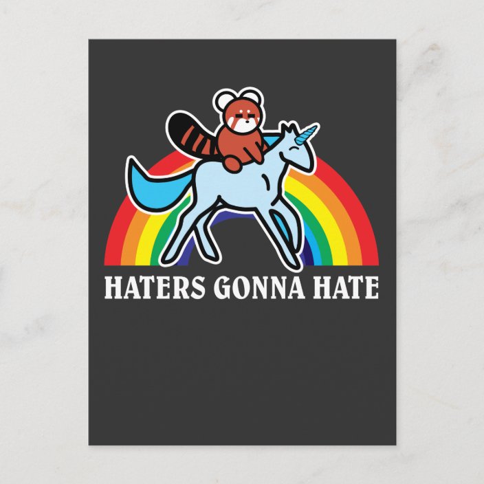 Haters Gonna Hate Funny Red Panda Riding Unicorn Postcard | Zazzle
