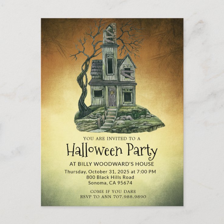 Haunted House Halloween Party Invitation Postcard | Zazzle