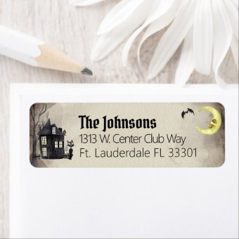 Haunted House Spooky Halloween Black Cat Address Label | Zazzle