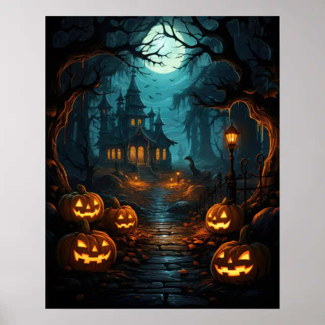 Haunted House Under Moonlit Halloween Poster | Zazzle