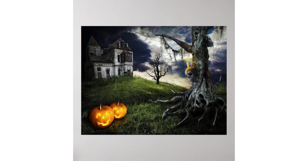 Haunted House with Jack O Lanterns On Halloween Poster | Zazzle