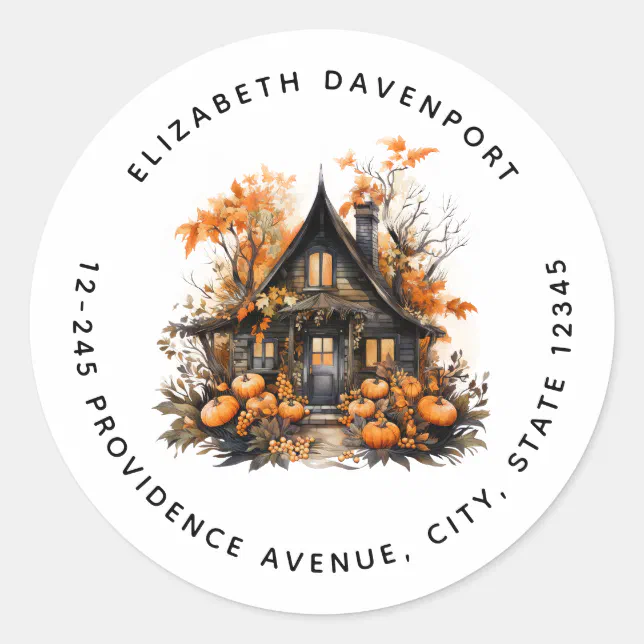 Haunted House with Pumpkins Halloween Address Classic Round Sticker ...