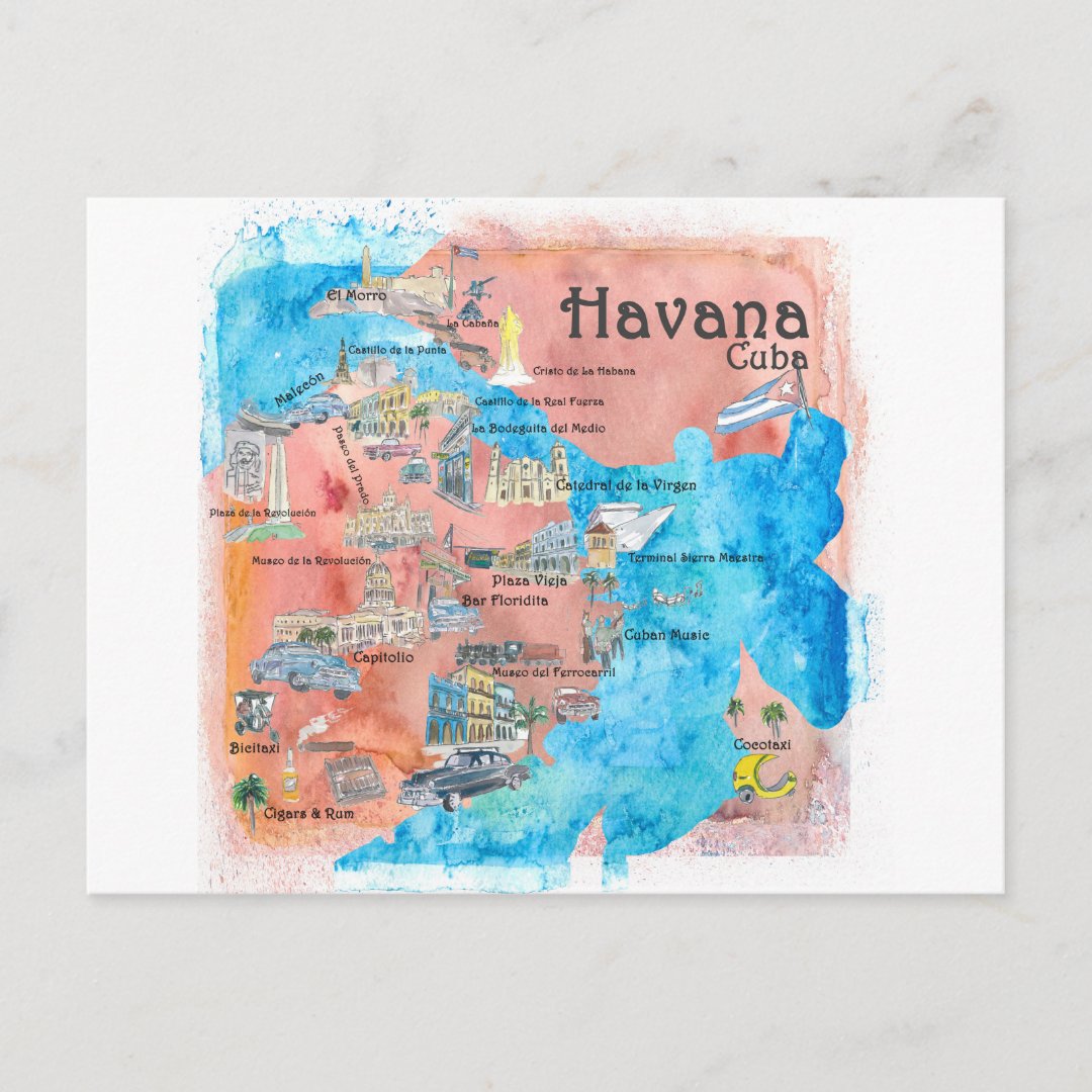 Havana Cuba Illustrated Travel Poster Map postcard | Zazzle