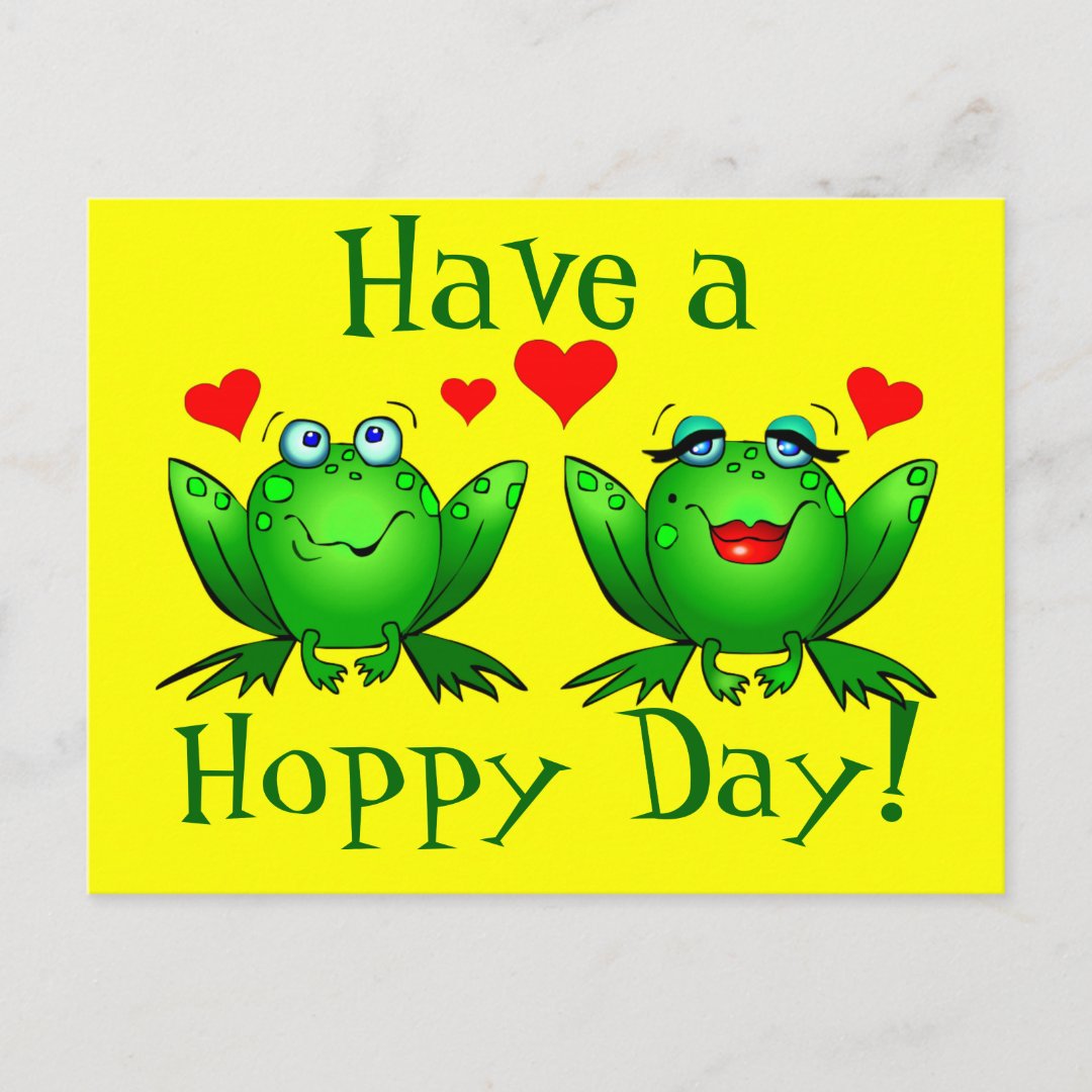 Have a Hoppy Day Cartoon Frogs Happy Yellow Postcard | Zazzle