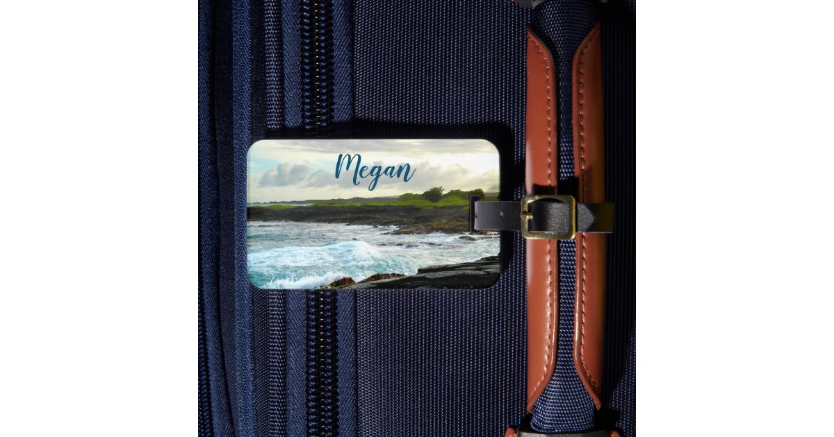Hawaii black sand beach clouds photo custom name luggage tag | Zazzle
