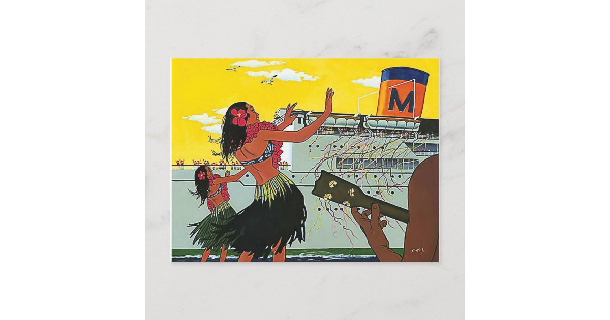 Hawaii, dancing hula girls welcome tourist ship postcard | Zazzle