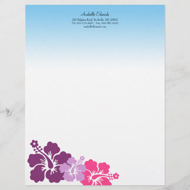Hawaiian hibiscus flowers lilac purple summer letterhead | Zazzle