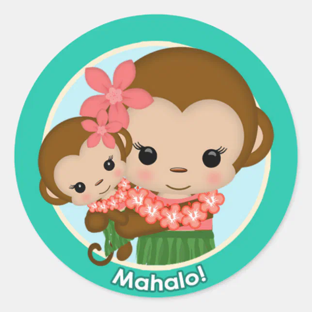 Hawaiian Hula Monkey Baby Shower sticker Mahalo | Zazzle