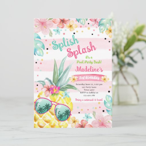 Hawaiian Luau Pineapple Pool Party Girl Birthday Invitation | Zazzle