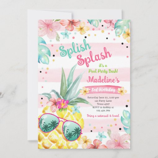 Hawaiian Luau Pineapple Pool Party Girl Birthday Invitation | Zazzle