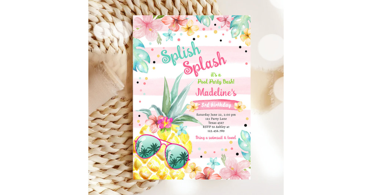 Hawaiian Luau Pineapple Pool Party Girl Birthday Invitation | Zazzle