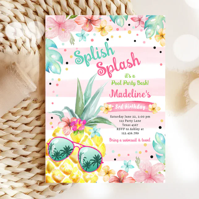 Hawaiian Luau Pineapple Pool Party Girl Birthday Invitation | Zazzle