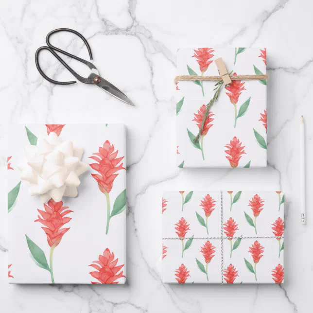 Hawaiian Print red ginger flower Wrapping Paper Sheets | Zazzle