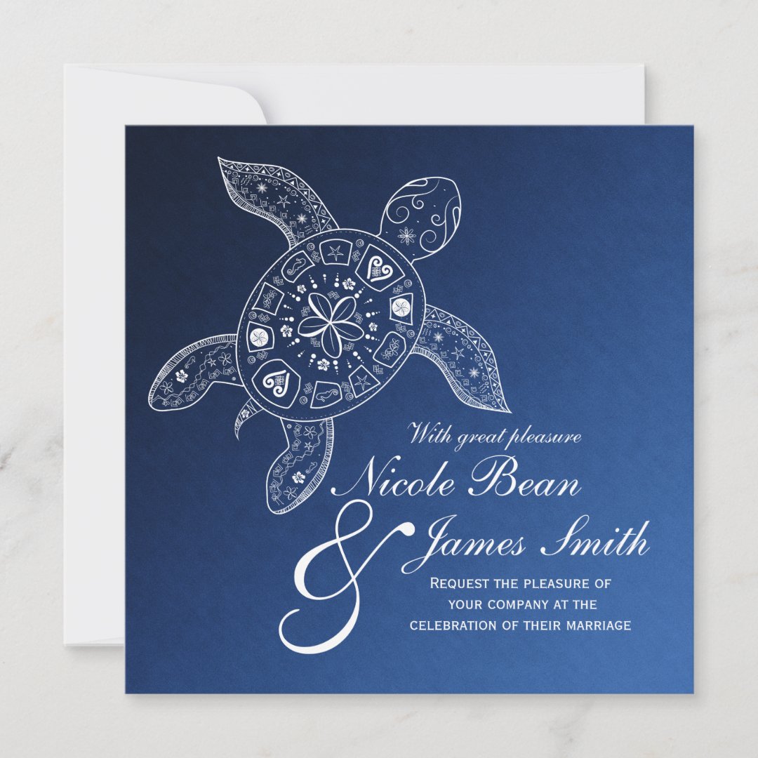 Hawaiian Sea Turtle White on Blue Beach Wedding Invitation | Zazzle
