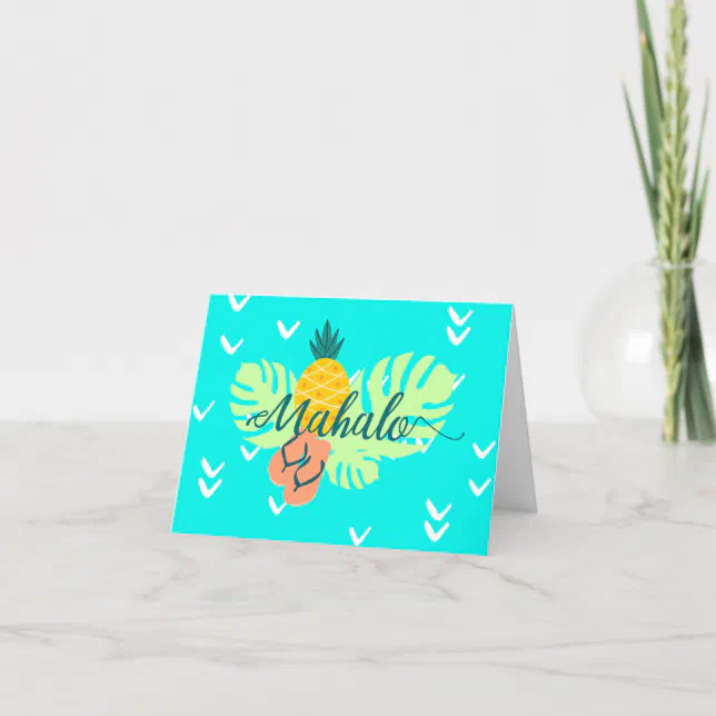 Hawaiian Teal Mahalo Script Pineapple Monstera Holiday Card | Zazzle