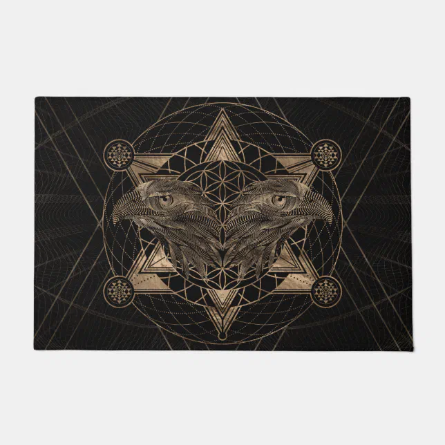 Hawk head in Sacred Geometry - Black and Gold Doormat | Zazzle