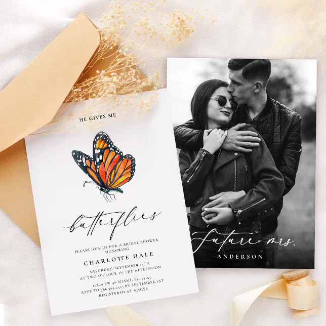 He Gives Me Butterflies Monarch Couple Photo Invitation | Zazzle