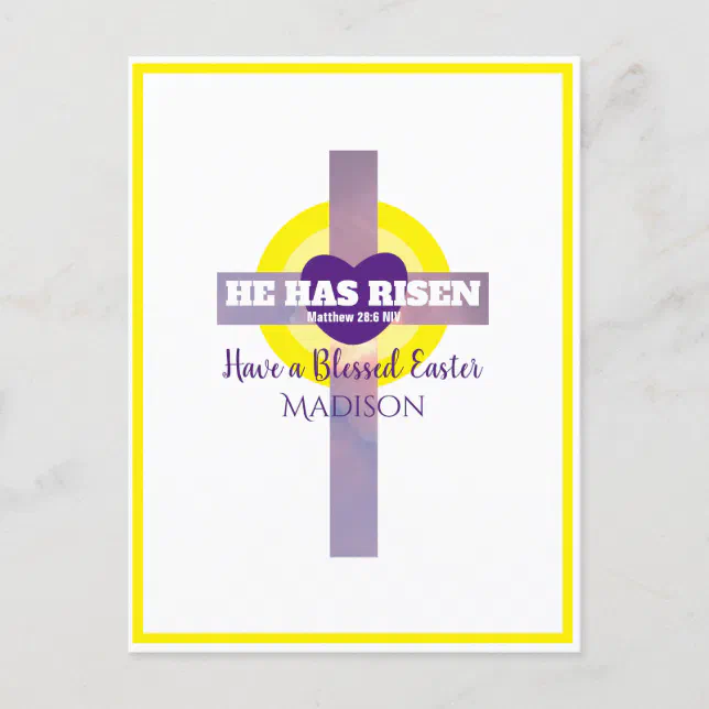 He Has Risen Cross Bible Verse Easter Custom Name Postcard | Zazzle