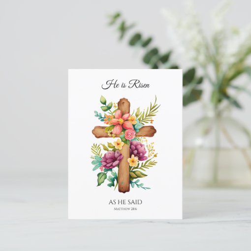 He Is Risen As He Said Easter Floral Cross Holiday Postcard | Zazzle