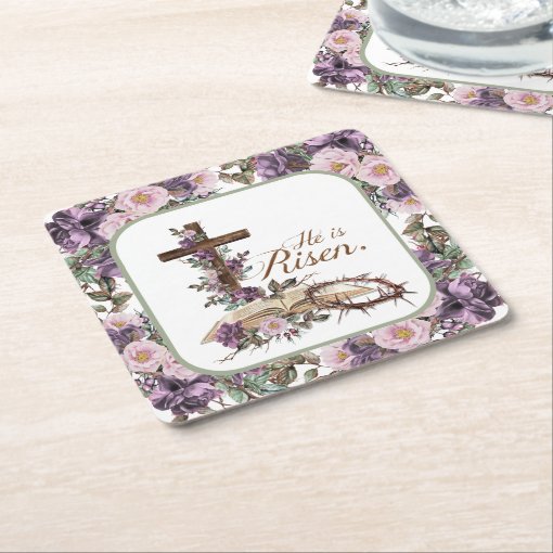 He is Risen Floral Cross with Bible Square Paper Coaster | Zazzle