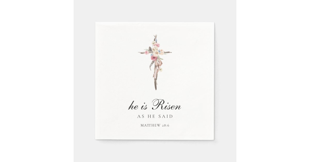 He is Risen | Watercolor Pink Floral Cross Easter Napkins | Zazzle