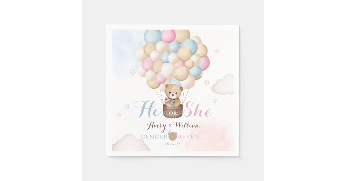 He oe She Gender Reveal Bear Baby Shower Napkins | Zazzle
