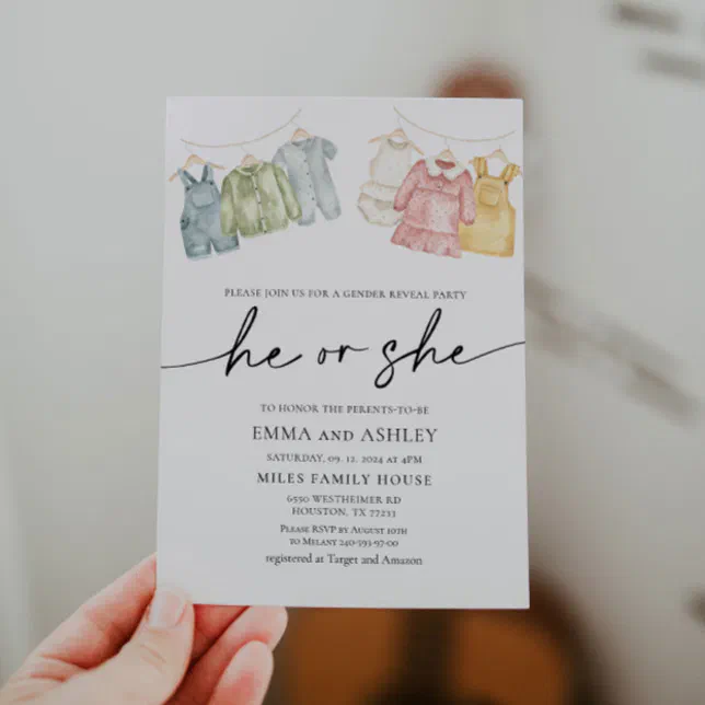 He or She Boho Clothes Gender Reveal Invitation | Zazzle
