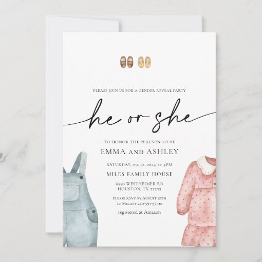 He or She Clothes Gender Reveal Invitation | Zazzle