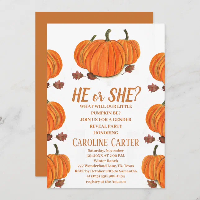 He or She Fall Pumpkin Gender Reveal Invitation | Zazzle