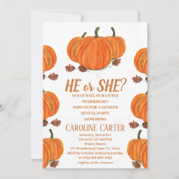 He or She Fall Pumpkin Gender Reveal Invitation | Zazzle