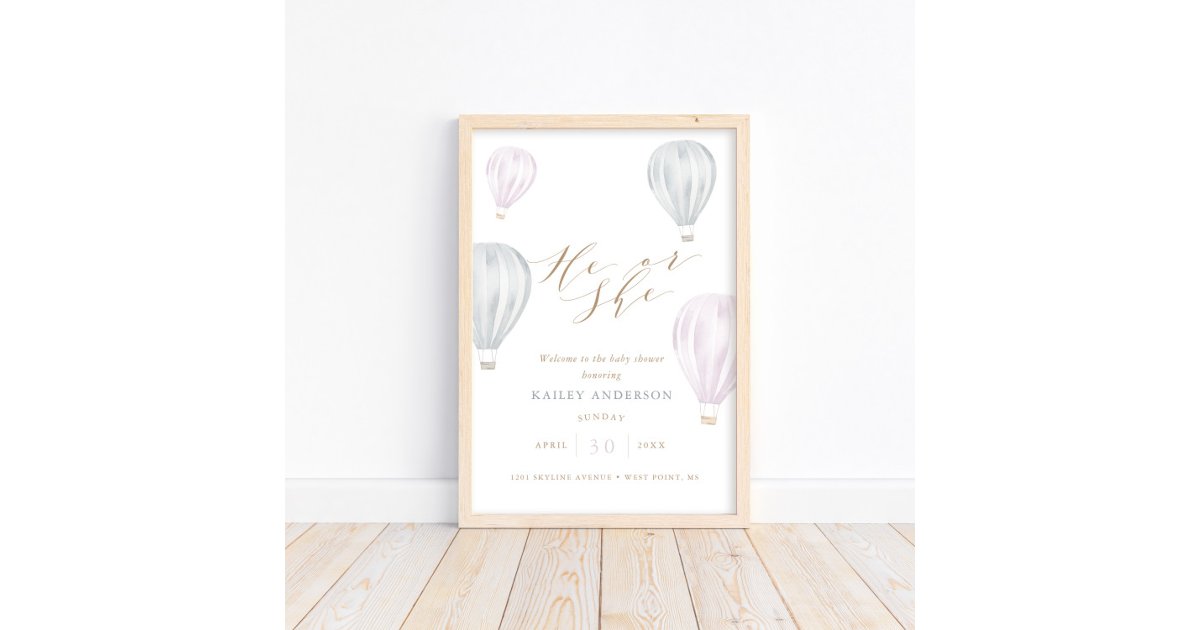 He or She Gender Reveal Air Balloon Baby Shower Poster | Zazzle