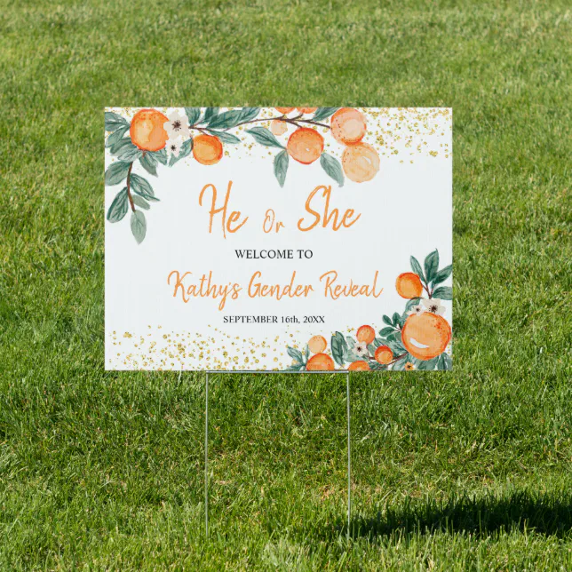 He or She Gender Reveal Orange Little Cutie Banner Sign | Zazzle