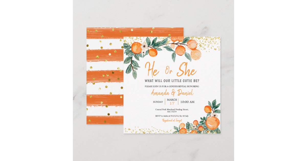 He or She Gender Reveal Orange Little Cutie Invitation | Zazzle