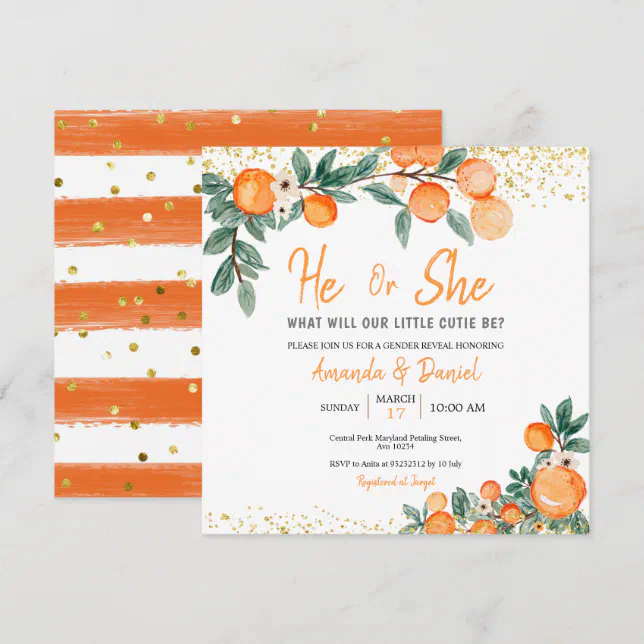 He or She Gender Reveal Orange Little Cutie Invitation | Zazzle