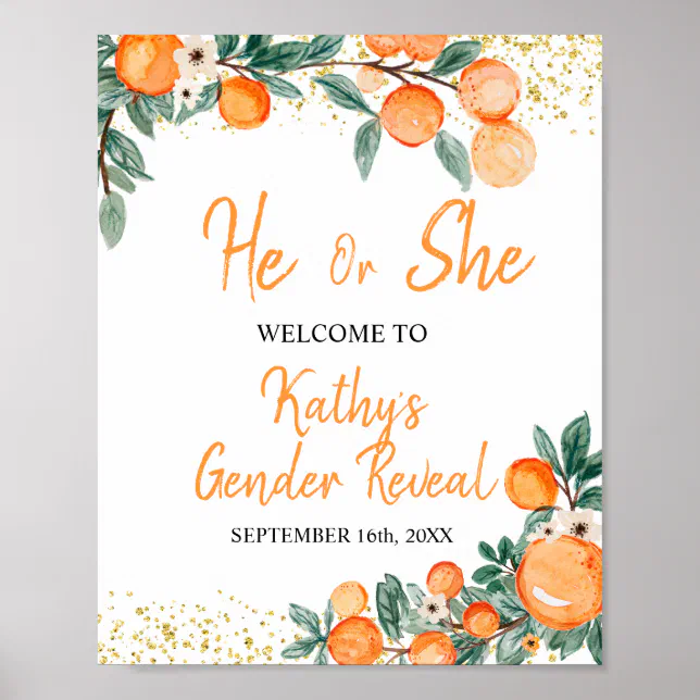 He or She Gender Reveal Orange Little Cutie Poster | Zazzle