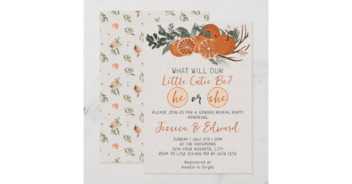He or She Little Cutie Citrus Orange Gender Reveal Invitation | Zazzle