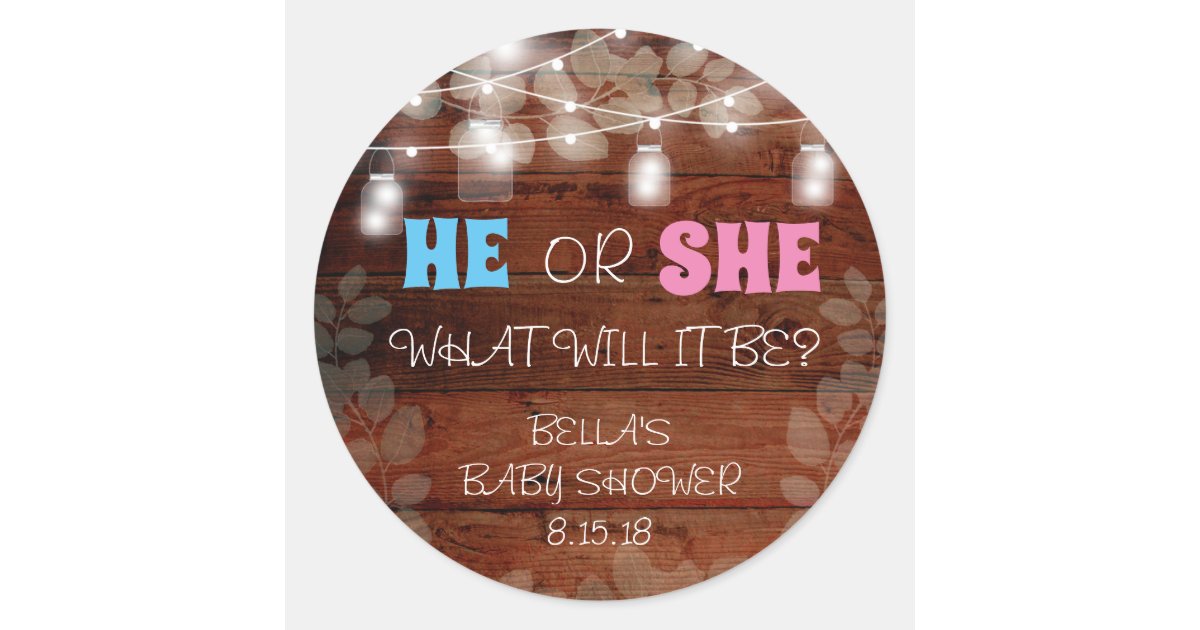 He or She Rustic Baby Gender Reveal Party Stickers | Zazzle