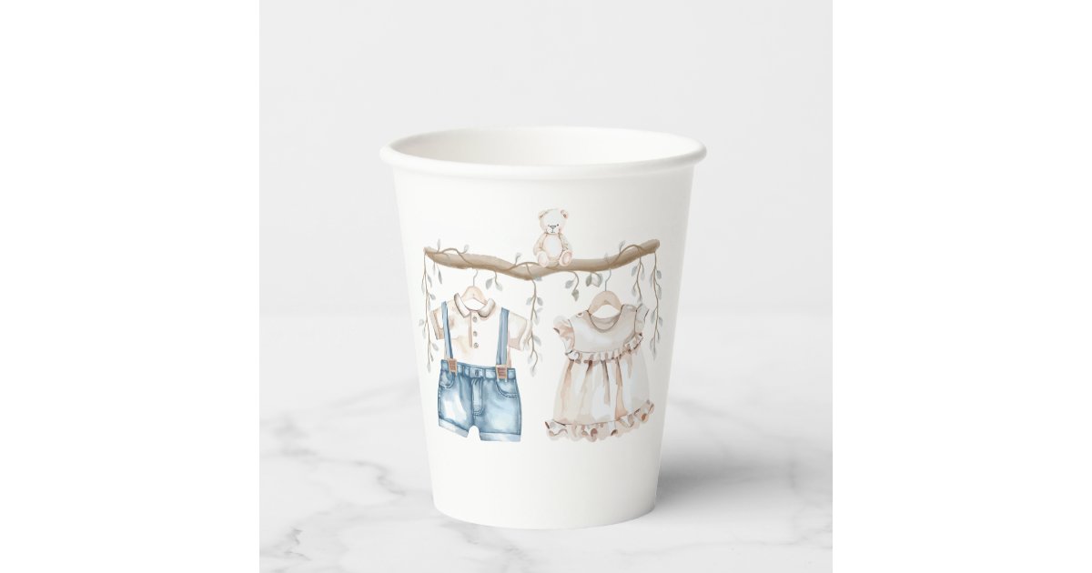 He or She Watercolor Clothes Gender Reveal Paper Cups | Zazzle
