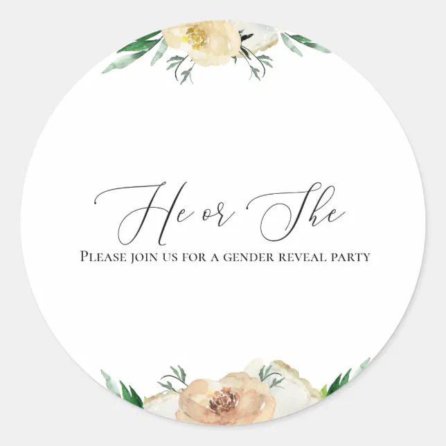 He or She Watercolor Floral Gender Reveal Sticker | Zazzle